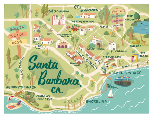 Santa Barbara Location Map Santa Barbara Map Print, California Blue